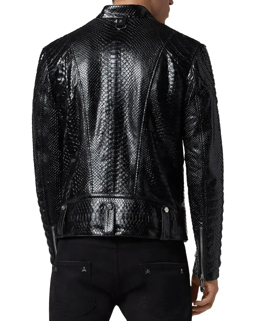 Real Leather Biker Jacket In Python Printing Style